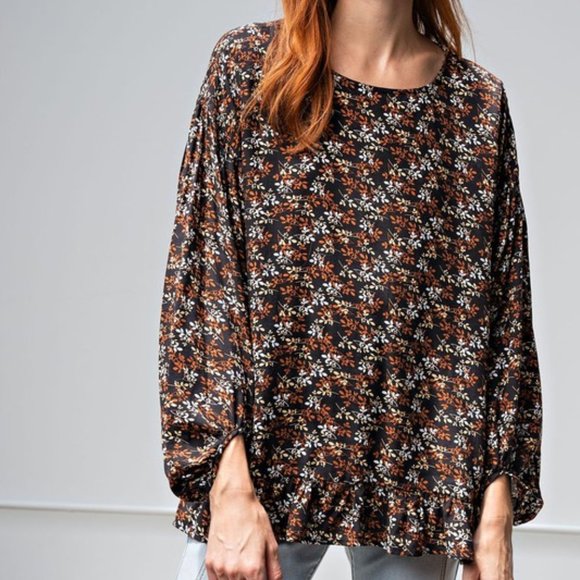 easel | Tops | Easel Black Floral Print Long Sleeve Ruffled Bottom ...